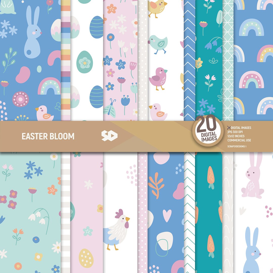 Easter Bloom Digital Paper, Bunny Scrapbook Pages, Pastel Floral ...