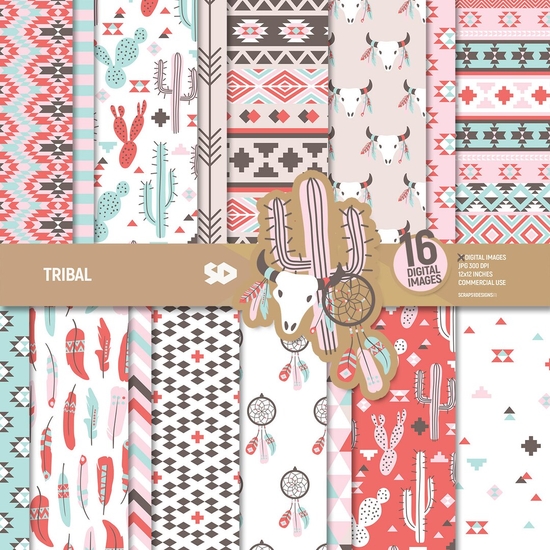 Tribal Digital Paper Pack, Boho Scrapbook Pages, Ethnic Patterns ...