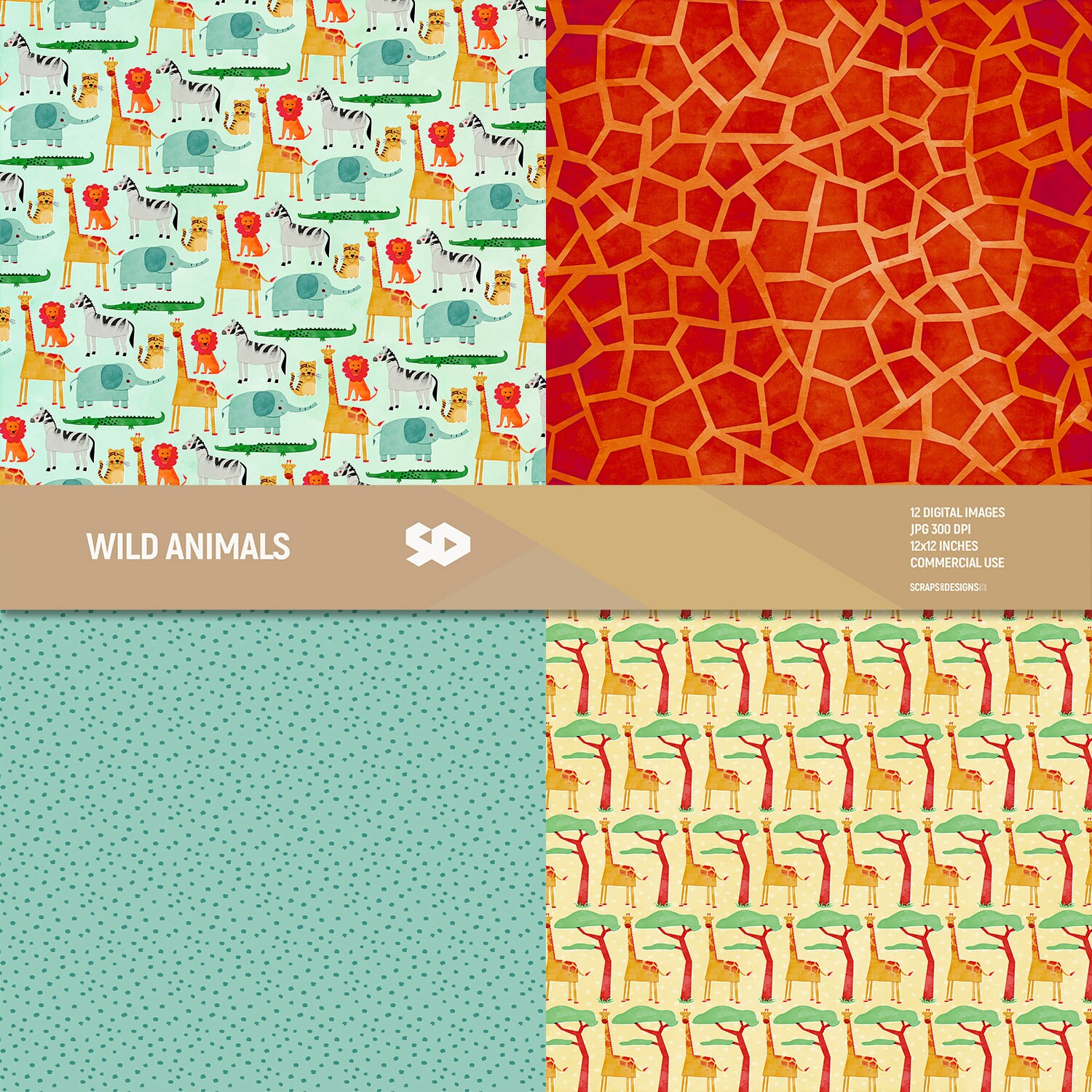 Wild Animals Digital Paper Pack. Watercolor. African Scrapbooking Pages ...