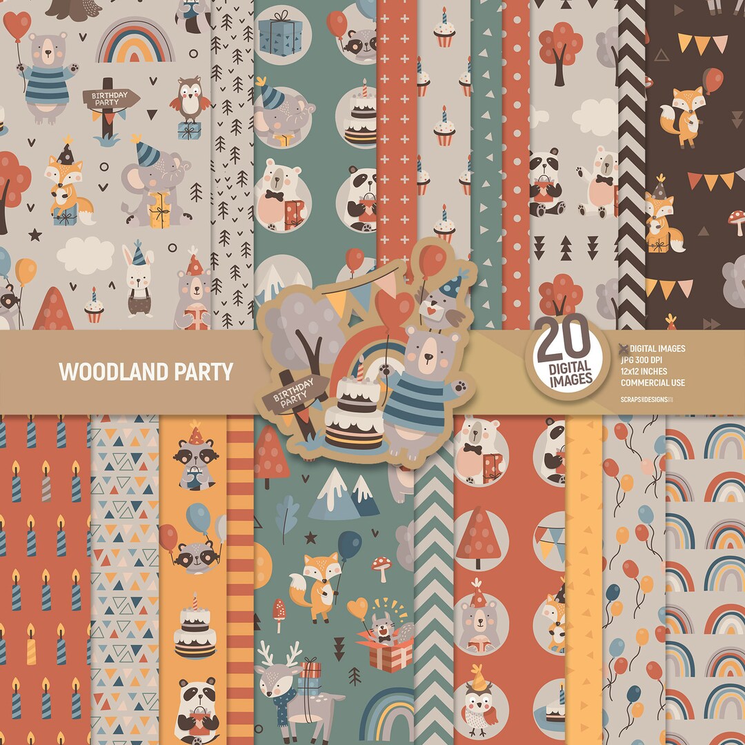 Woodland Party Digital Paper, Birthday Animals Scrapbook Pages, Forest ...