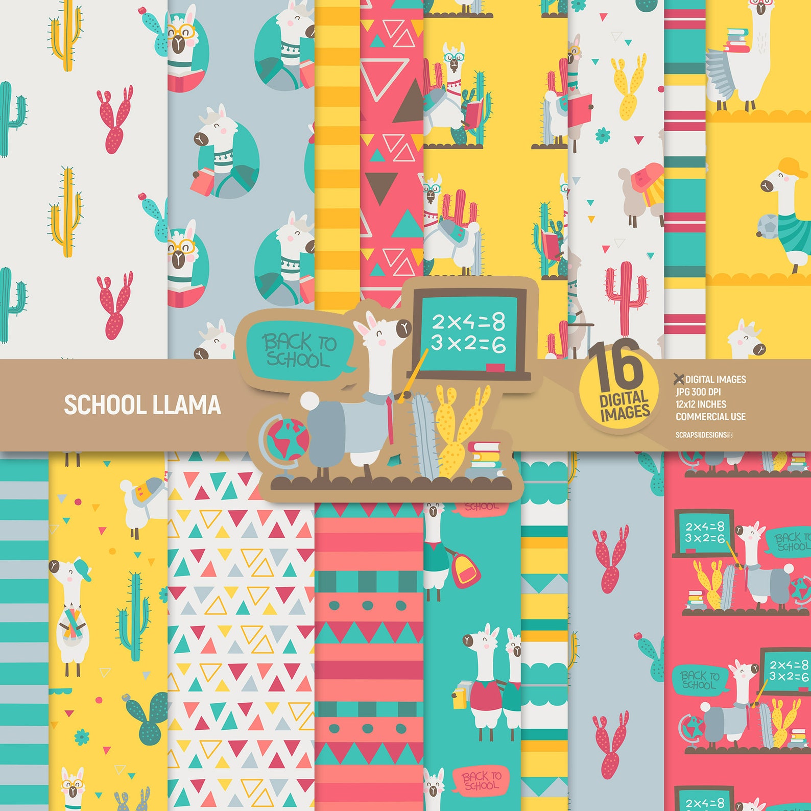 School Llama Digital Paper Pack, Cactus Scrapbook Pages, Alpaca, Kids ...