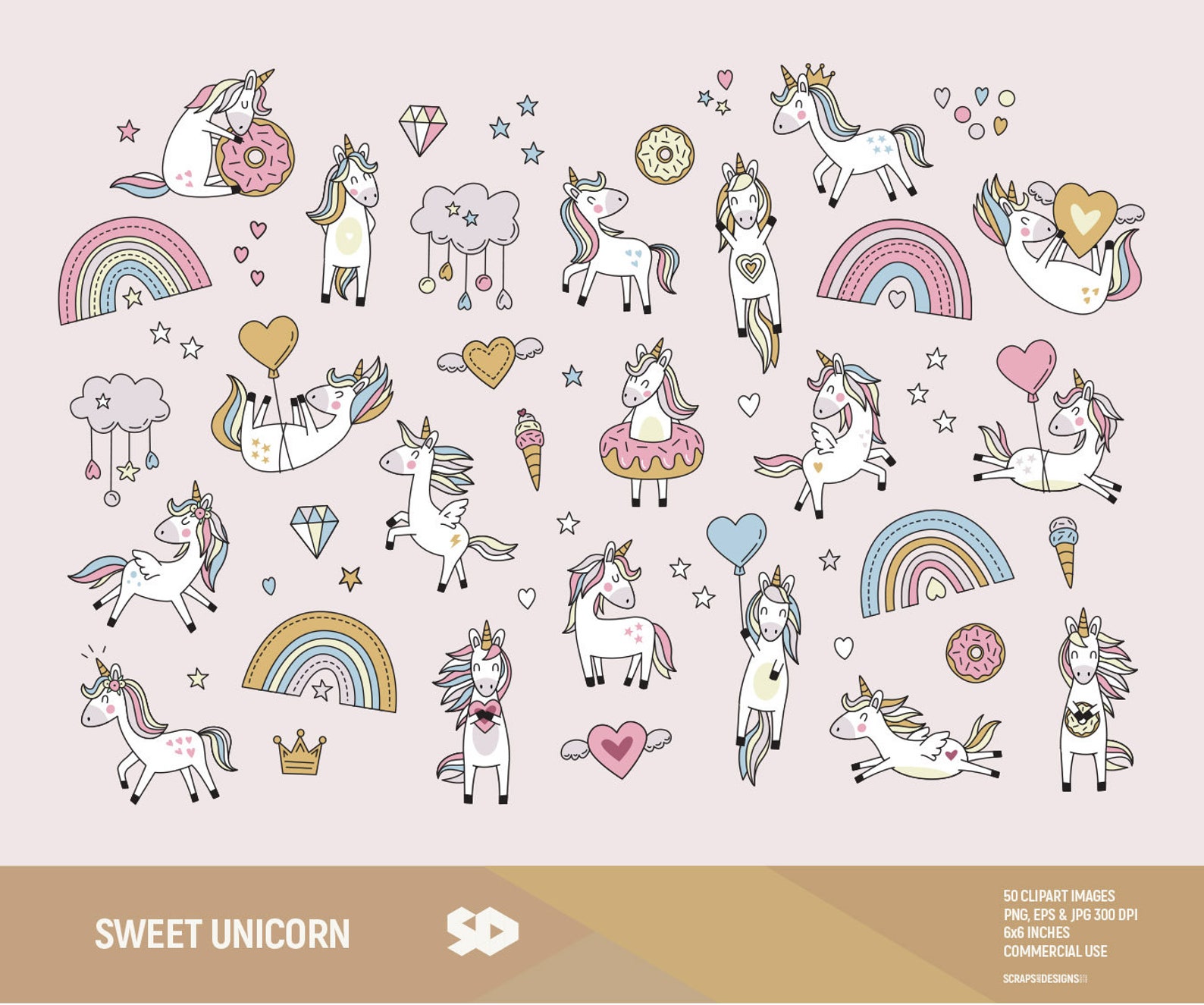 Sweet Unicorn Clipart Rainbow Clip Art. Pastel Ice-cream - Etsy