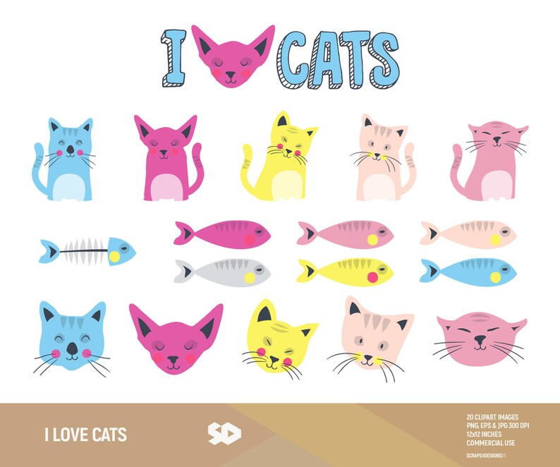 I Love Cats Clipart, Cats Clip Art, Cats and Fish Clipart, Planner ...