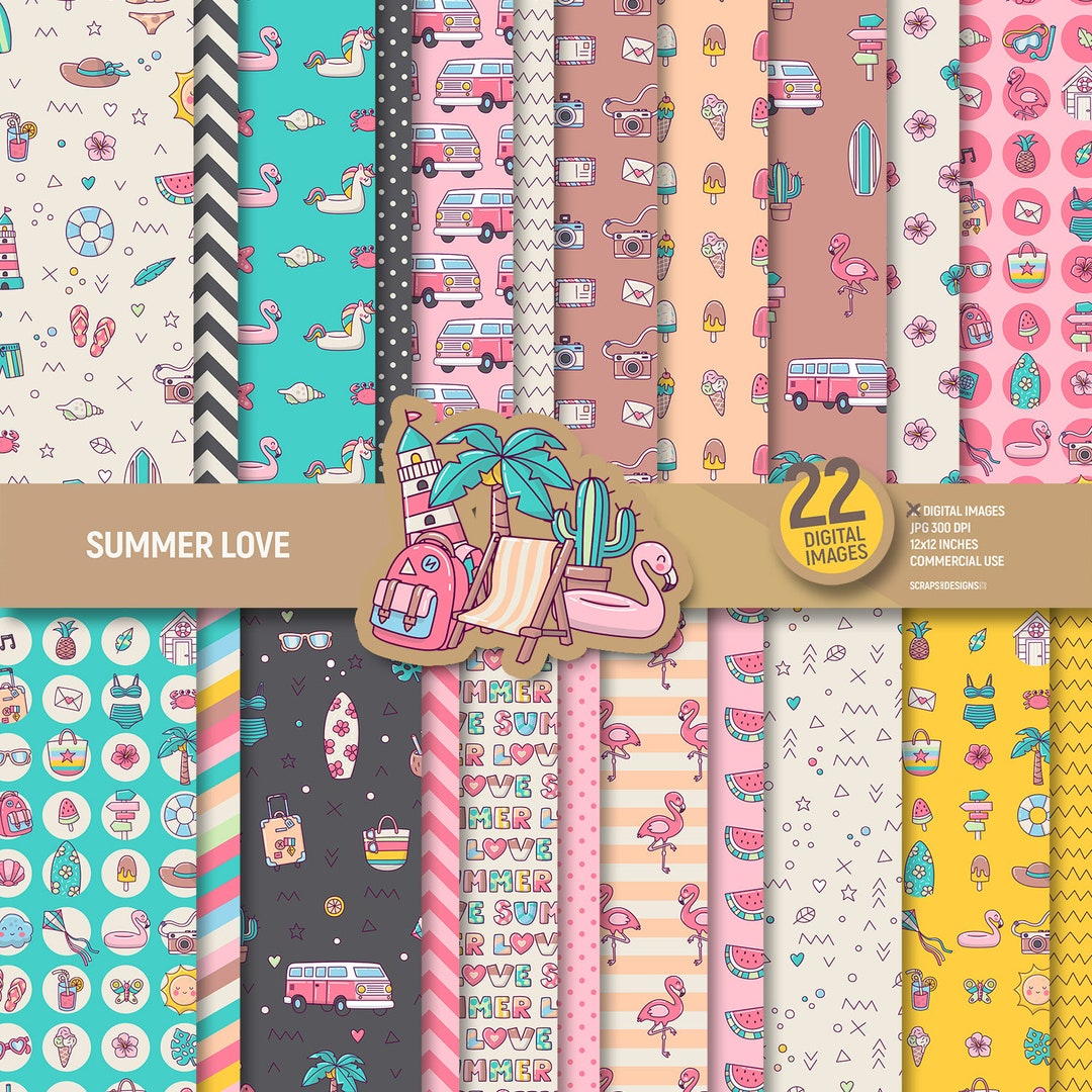 Summer Love Digital Paper. Travel Holidays Scrapbooking Pages, Flamingo ...