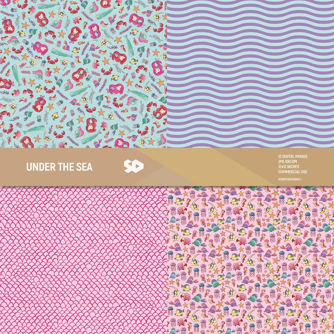 Mermaid Digital Paper Pack, Sea Scrapbook Pages, Patterns, Underwater ...