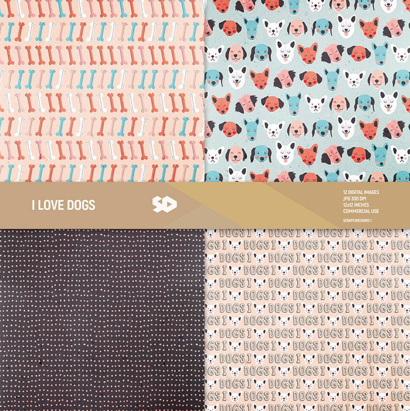 Dogs Digital Paper Pack, Dog Scrapbook Pages, Patterns, Puppy, Pets ...