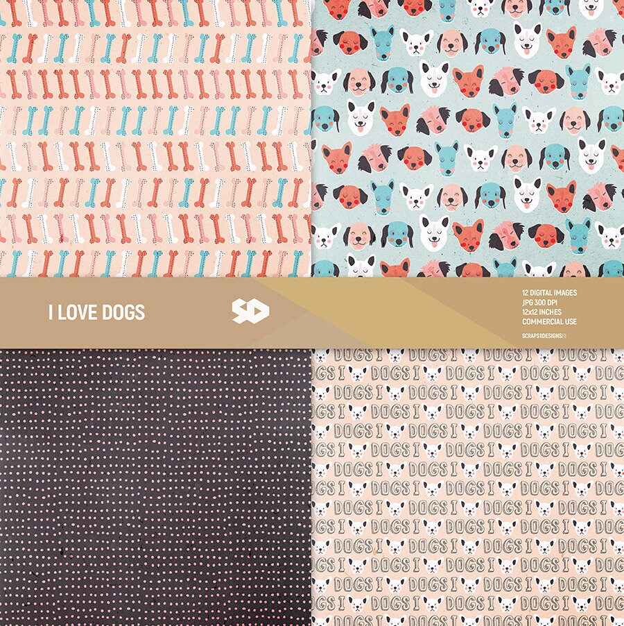 Dogs Digital Paper Pack, Dog Scrapbook Pages, Patterns, Puppy, Pets ...