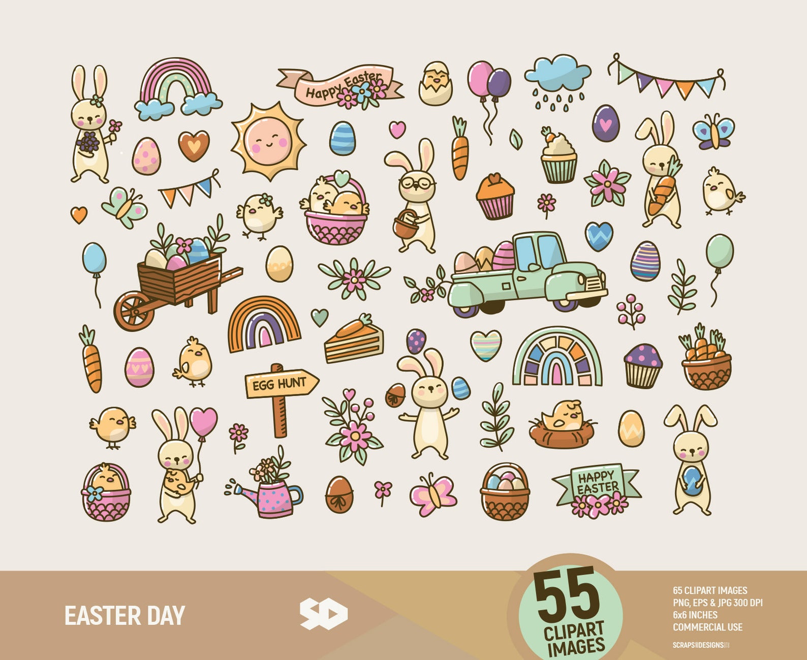 Easter Day Clipart, Bunny Clip Art, Floral Clipart, Rainbow Draw ...