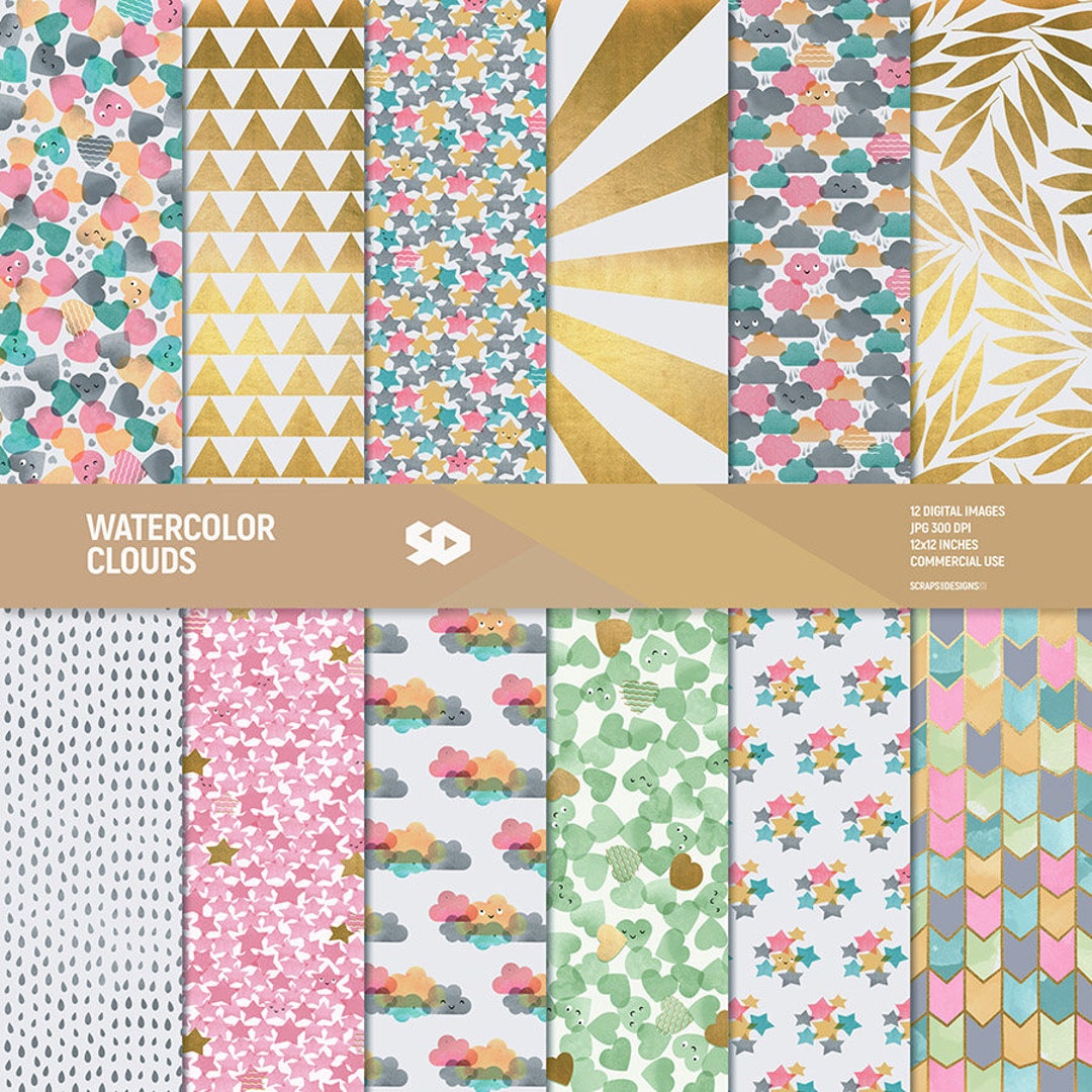 Watercolor Clouds Digital Paper Pack, Scrapbooking Pages, Scrapbook ...