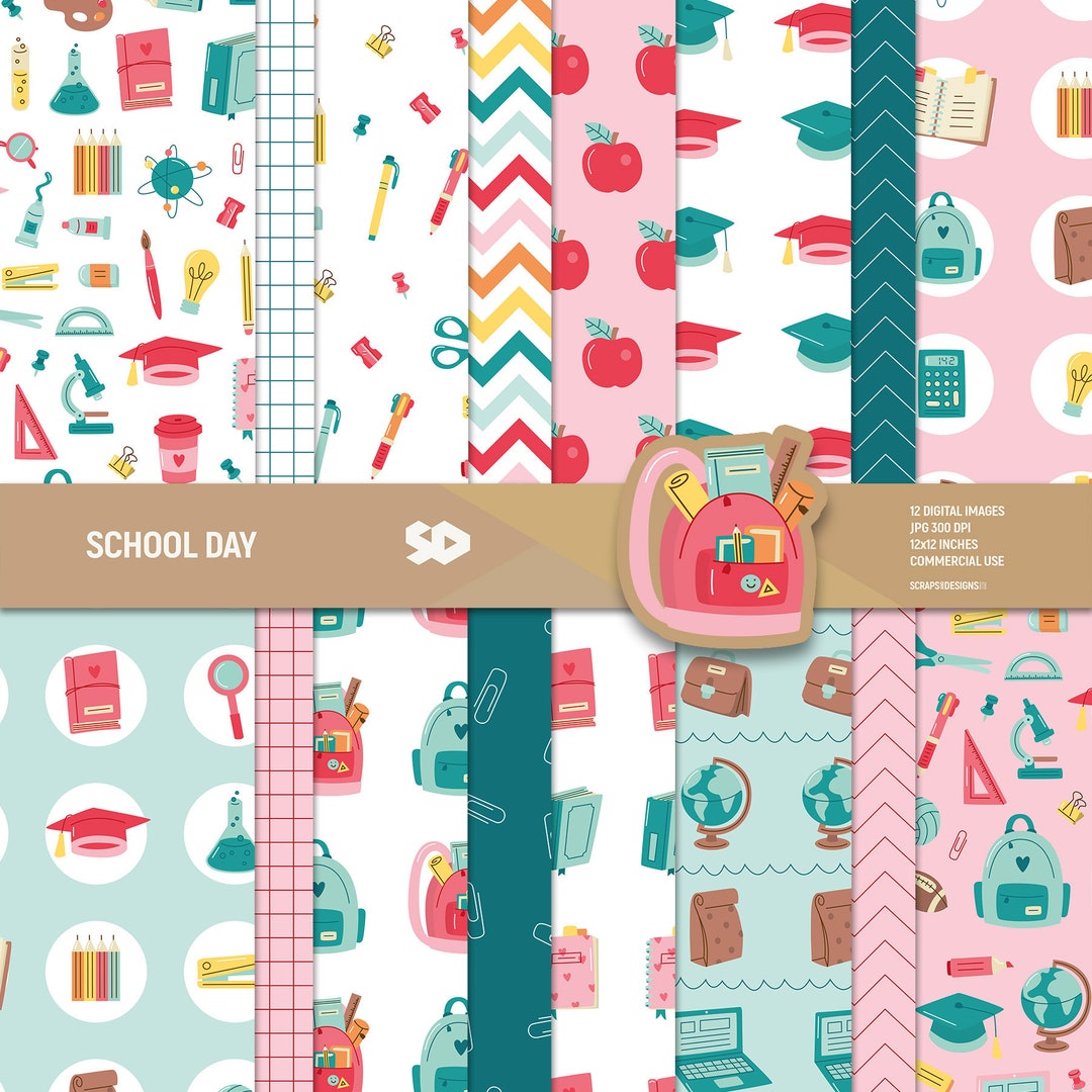School Day Digital Paper Pack, Back to School, Teacher Scrapbook Pages ...