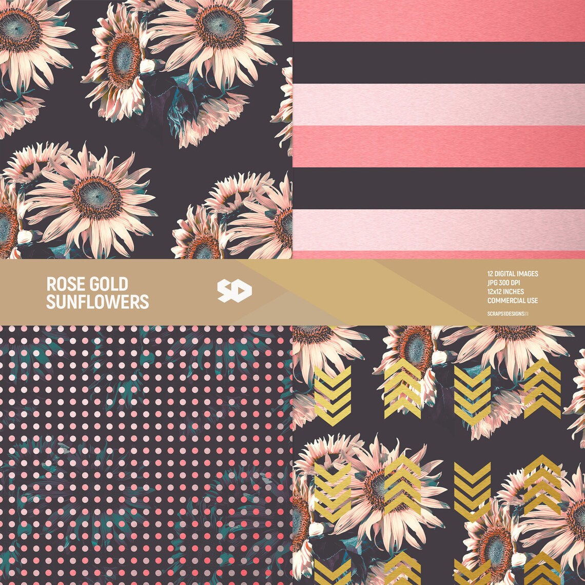 Rose Gold Sunflowers Digital Paper Pack, Scrapbook Paper, Printable ...