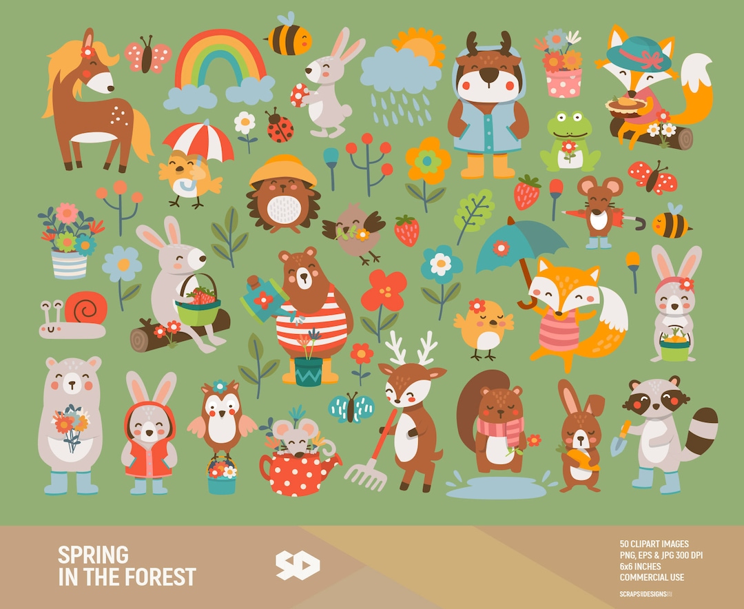 Spring in the Forest Clipart, Animals Clip Art, Flower, Rainbow Draw ...