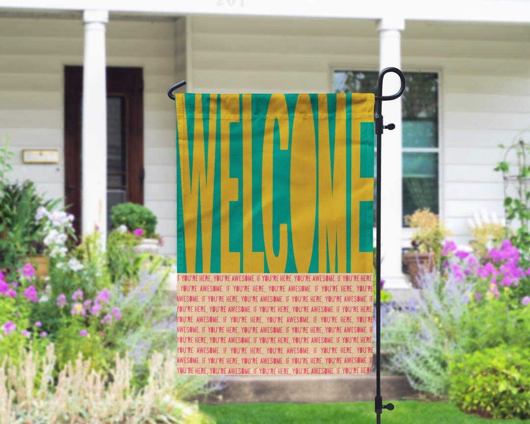 Modern Welcome House Flag, Green, Yellow, Pink Colorful Garden Flag ...
