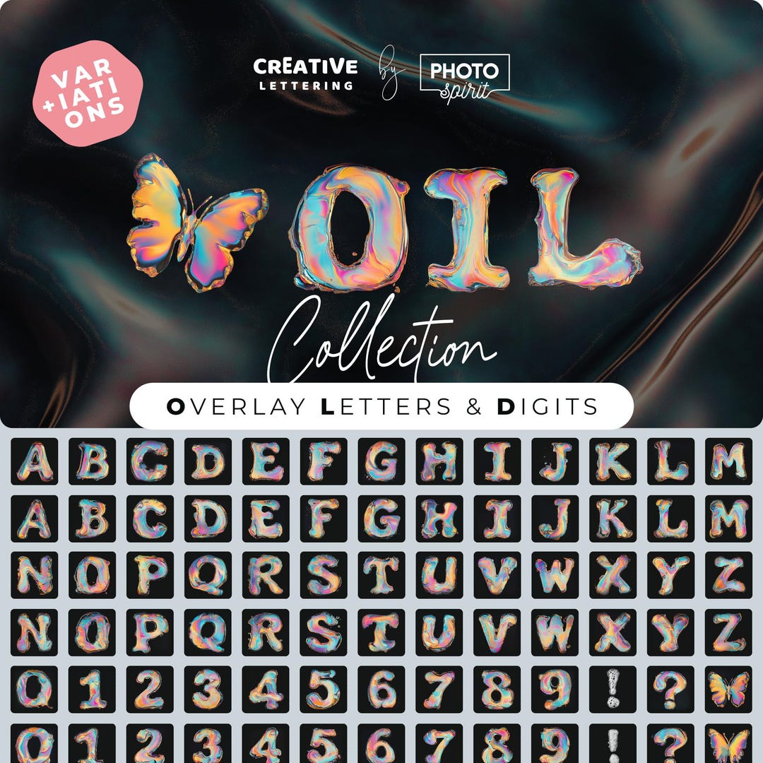 Oil Slick Liquid Letter Overlays – Vibrant, Iridescent Rainbow Alphabet ...