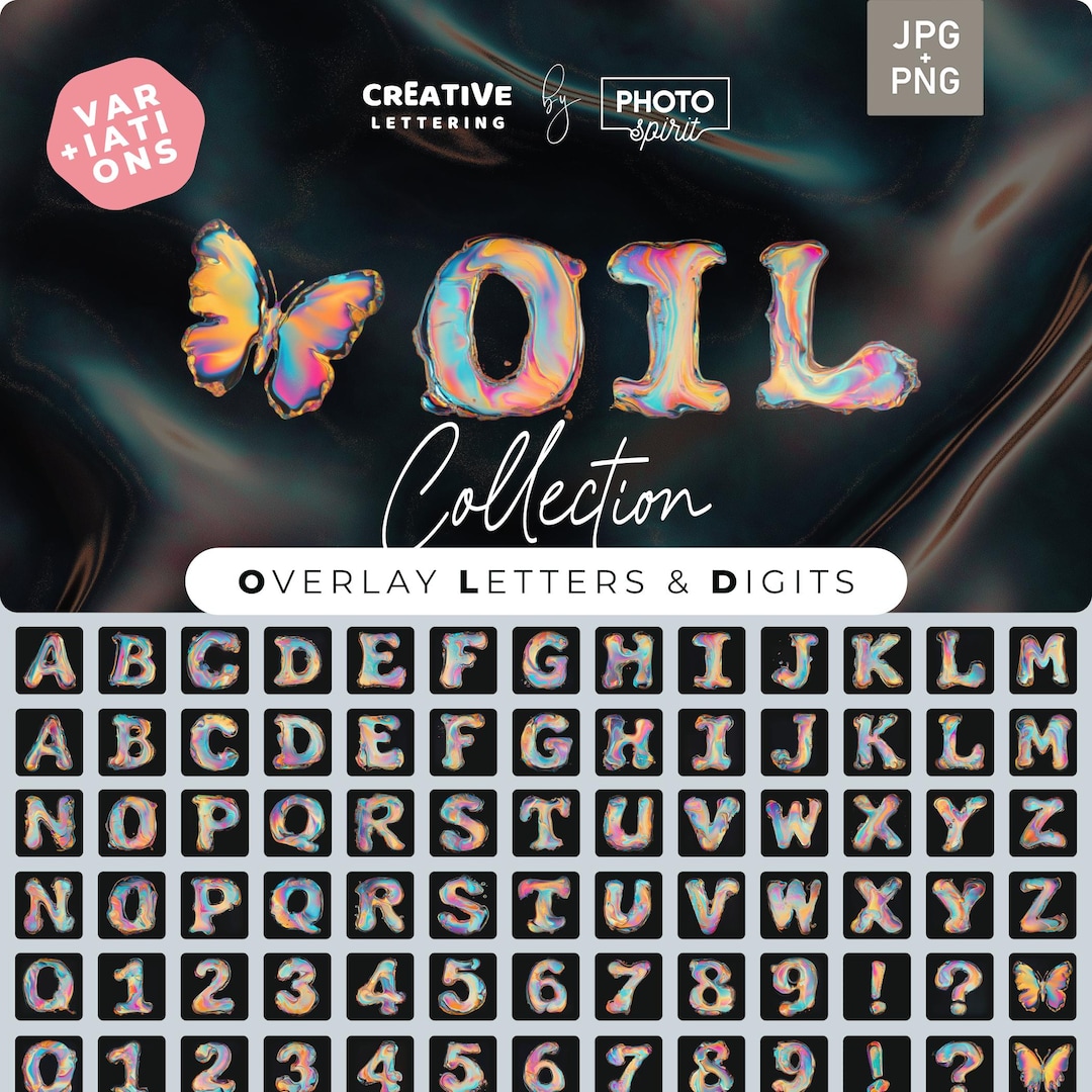 Oil Slick Liquid Letter Overlays PNG and JPEG – Vibrant, Iridescent ...