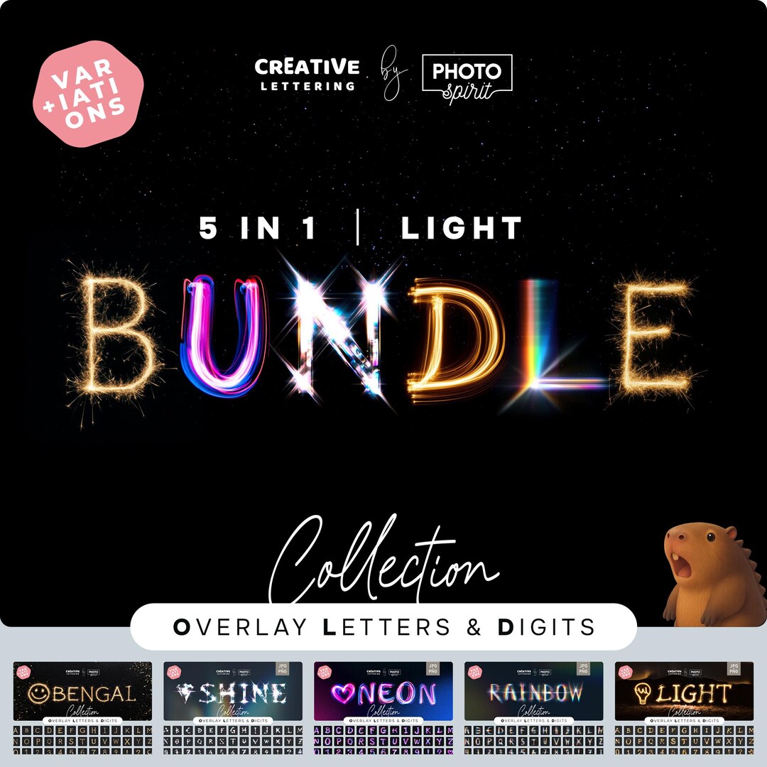 5 in 1 Bundle: Glowing Letters Overlay Collection - 5 Complete Sets of ...