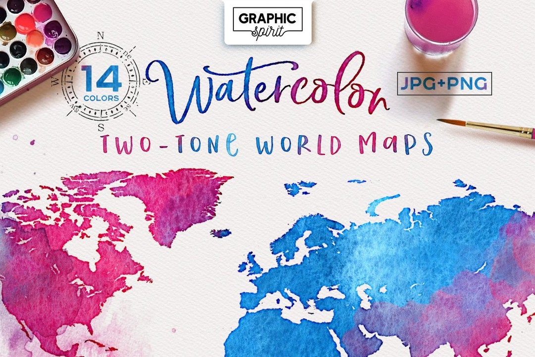 Watercolor World Maps: Two-tone Design (JPG+PNG) - Etsy