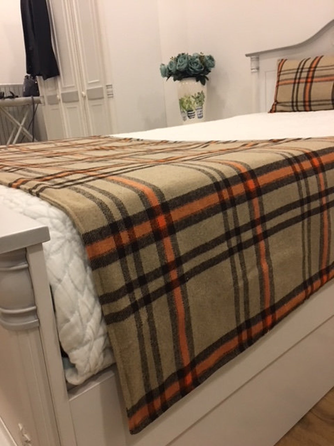 Beige Wool Plaid Bed Runner Bed Scarf Runner Bed Cover | Etsy