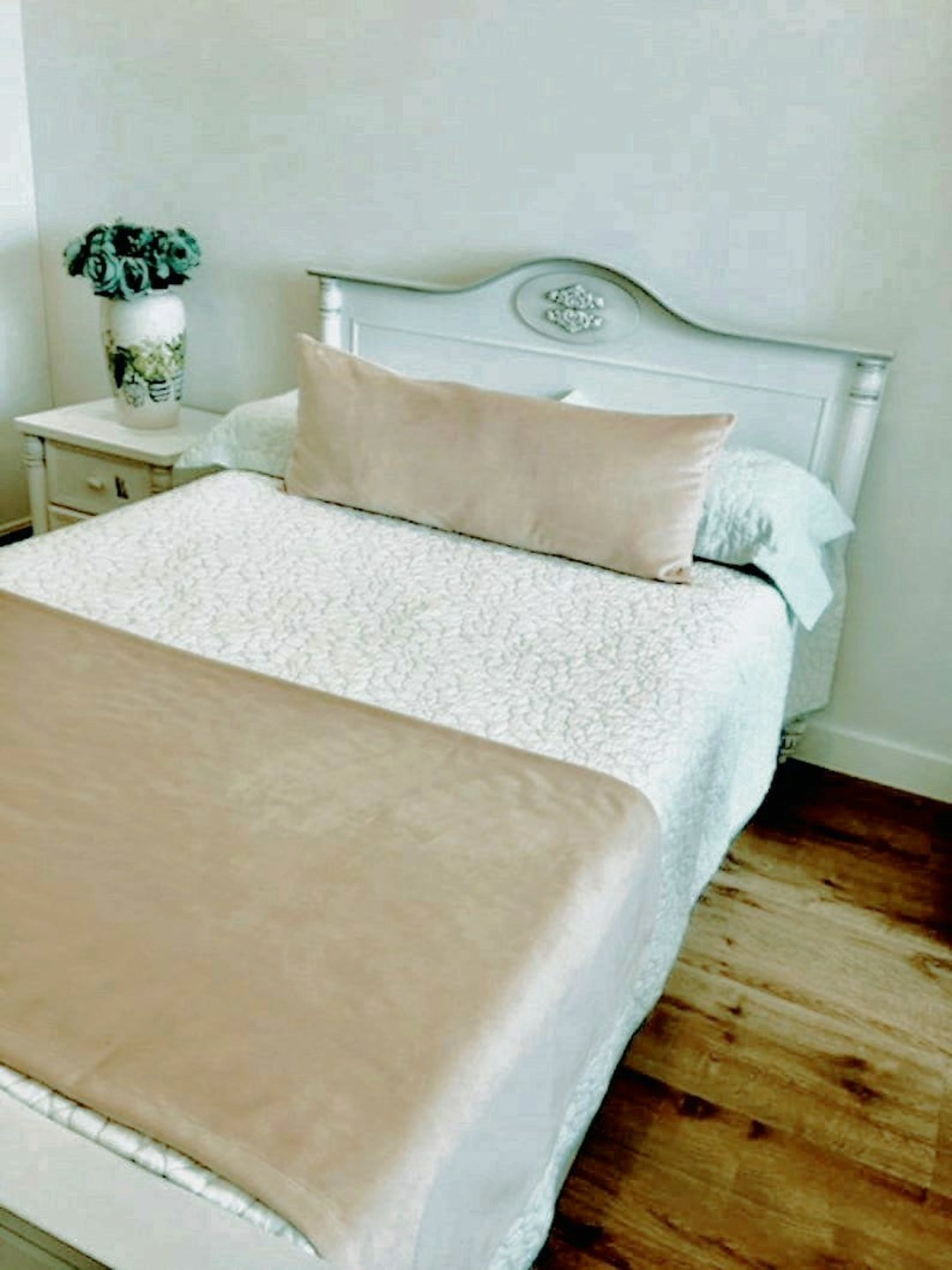 Chemin de lit recto-verso en velours beige, oreiller long, écharpe de ...