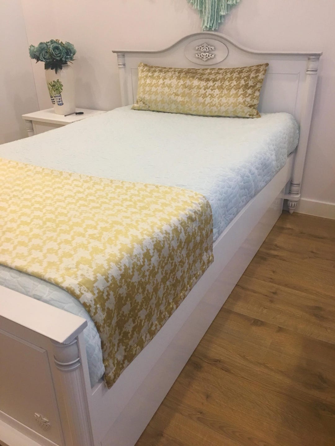 Yellow Velvet Bed Runner: Geometric Pattern, Reversible Bed Scarf - Etsy