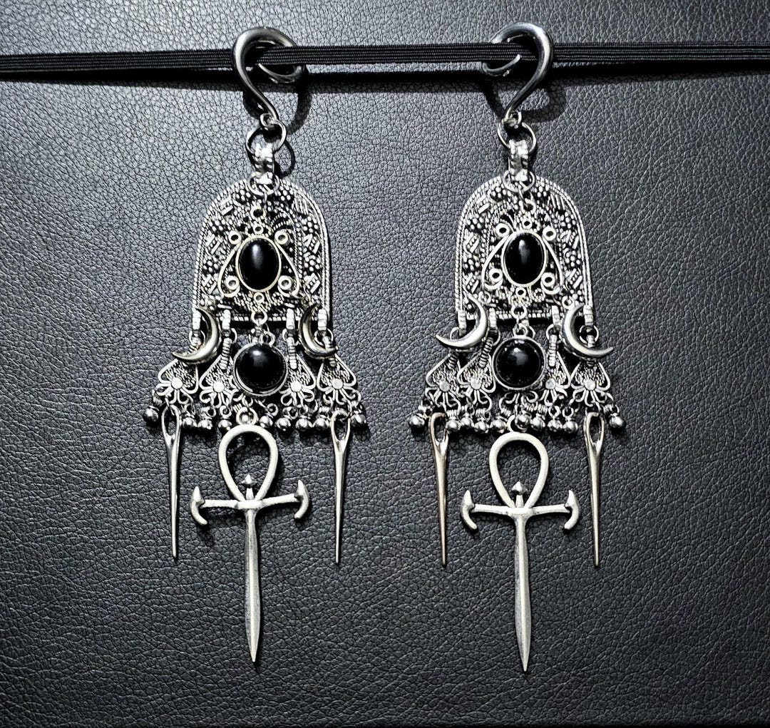 Black Obsidian Ear Hangers, Goth Ear Weights, Vampire Ankh Ear Weights ...