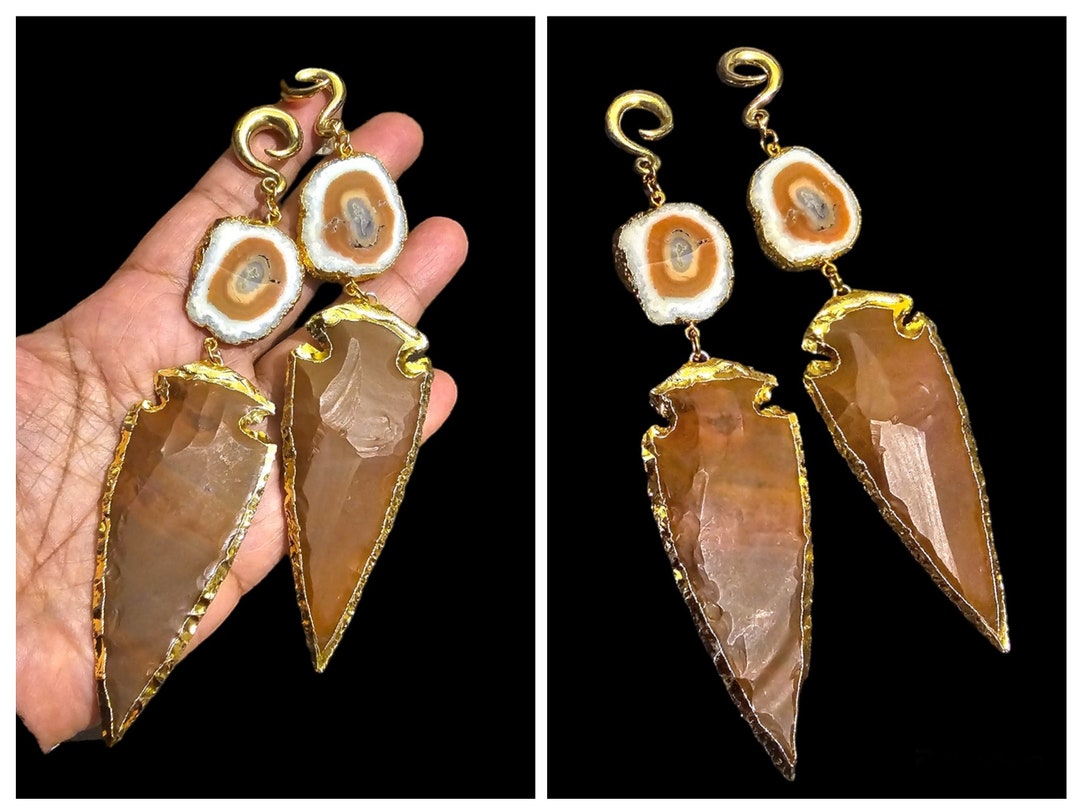 Jasper Arrowhead Ear Weights/brass Ear Weight/arrowheads Ear Hanger ...