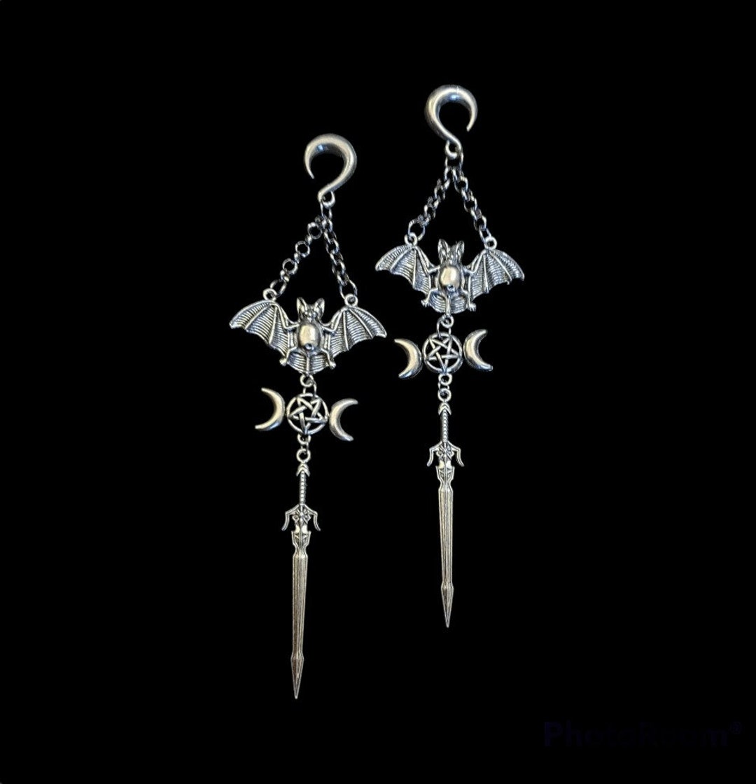 Goth Ear Weights-pentacle Ear Hanger- Bat Ear Weight-stretched Lobes ...