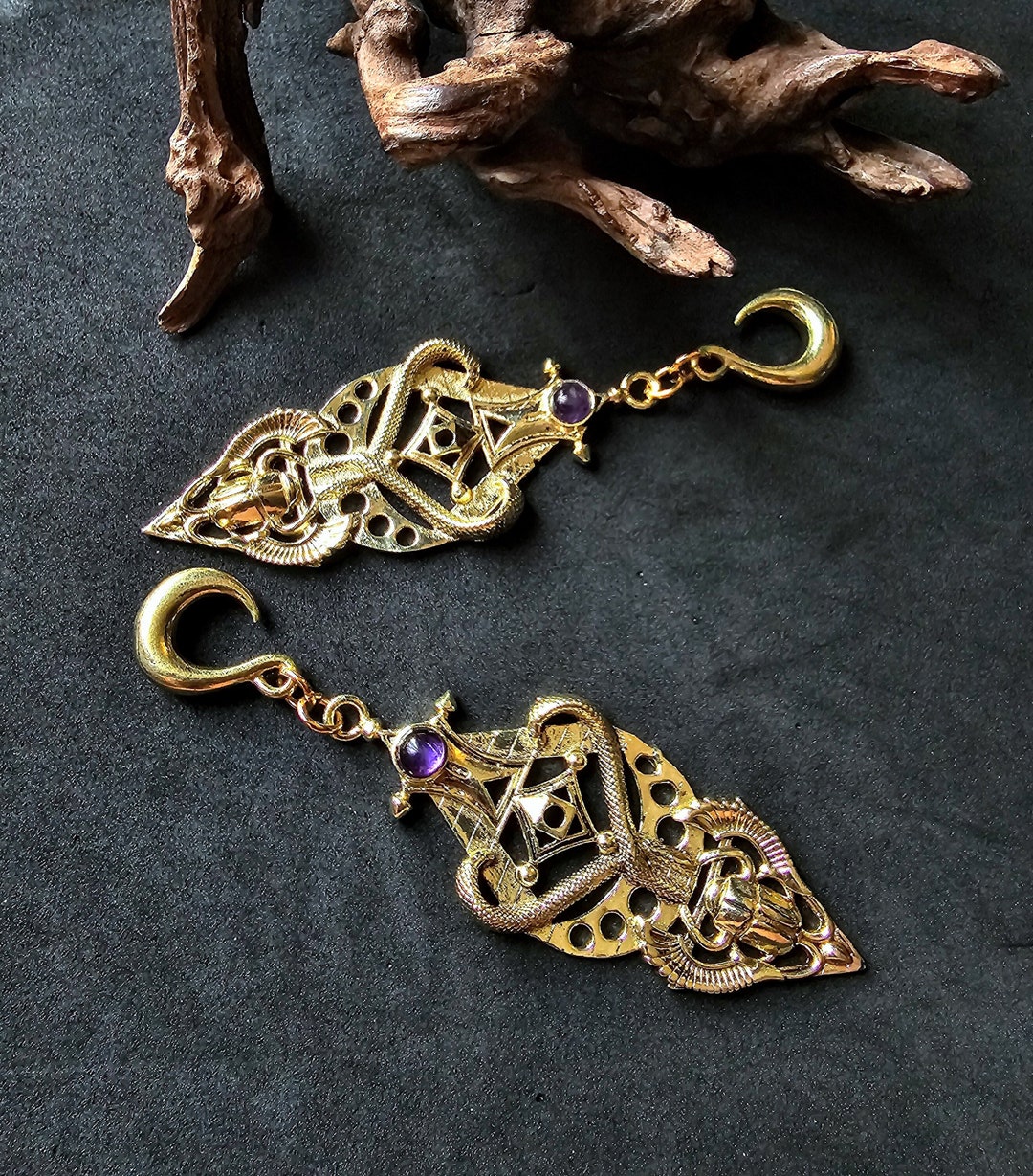 Egyptian Scarab Beetle Ear Weight, Ear Weight, Amethyst Ear Hanger ...