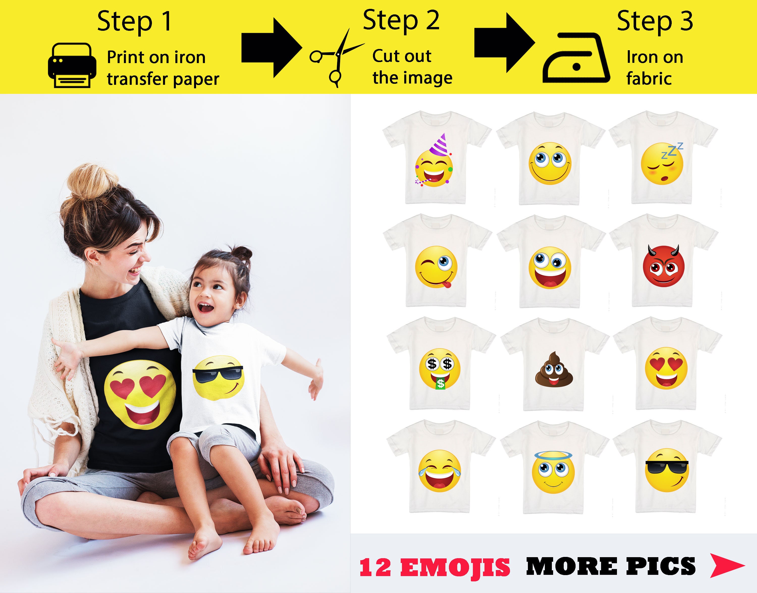 12 Pack Printable Emoji Iron on Transfers, Emoji Shirt, Emoji Iron on ...