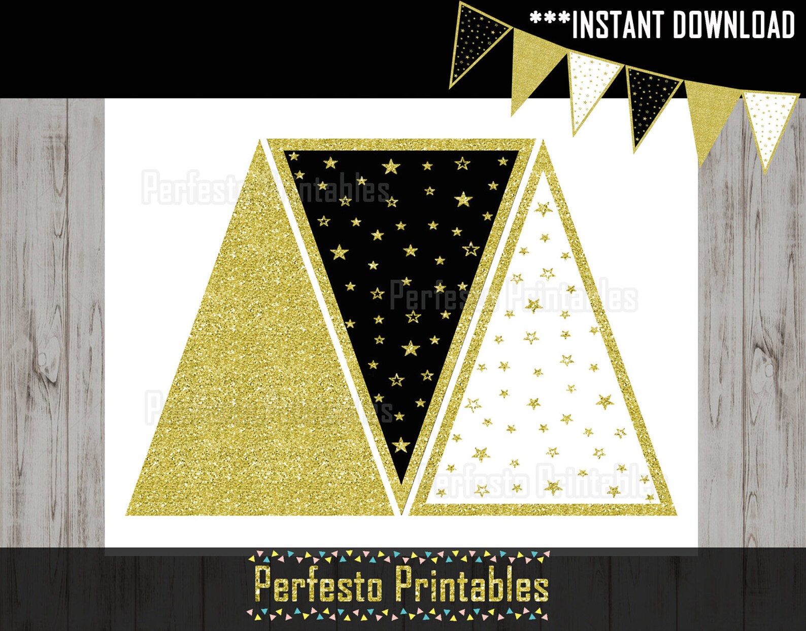 Printable Bunting Banner Black Gold | Glitter Banner | Instant Download ...