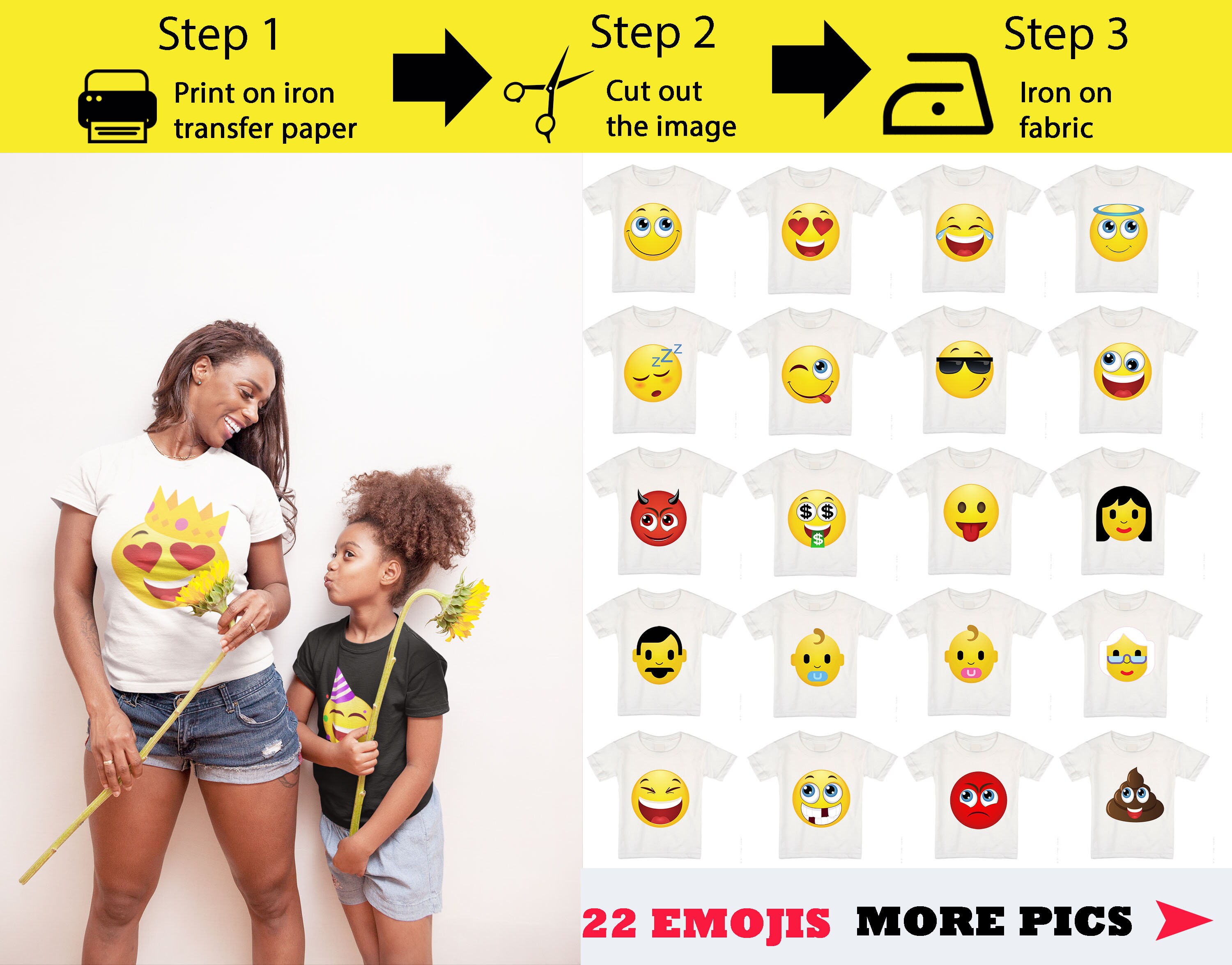 22 Pack Printable Emoji Iron on Transfers for Shirts, Emoji Shirt ...