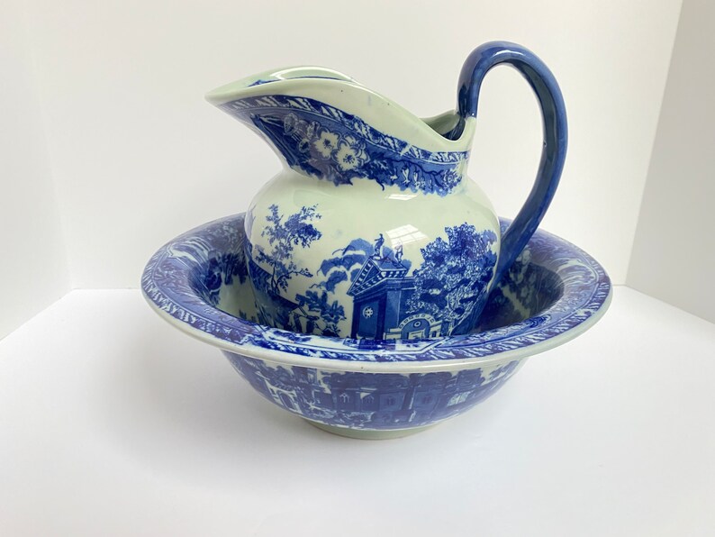 Flow Blue Victoria Ware Ironstone Pitcher and Bowl - Etsy