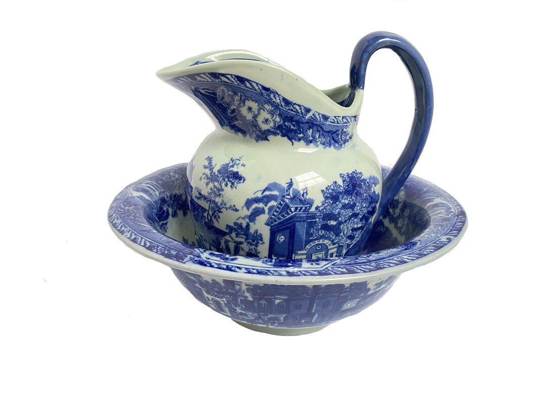Flow Blue Victoria Ware Ironstone Pitcher and Bowl - Etsy