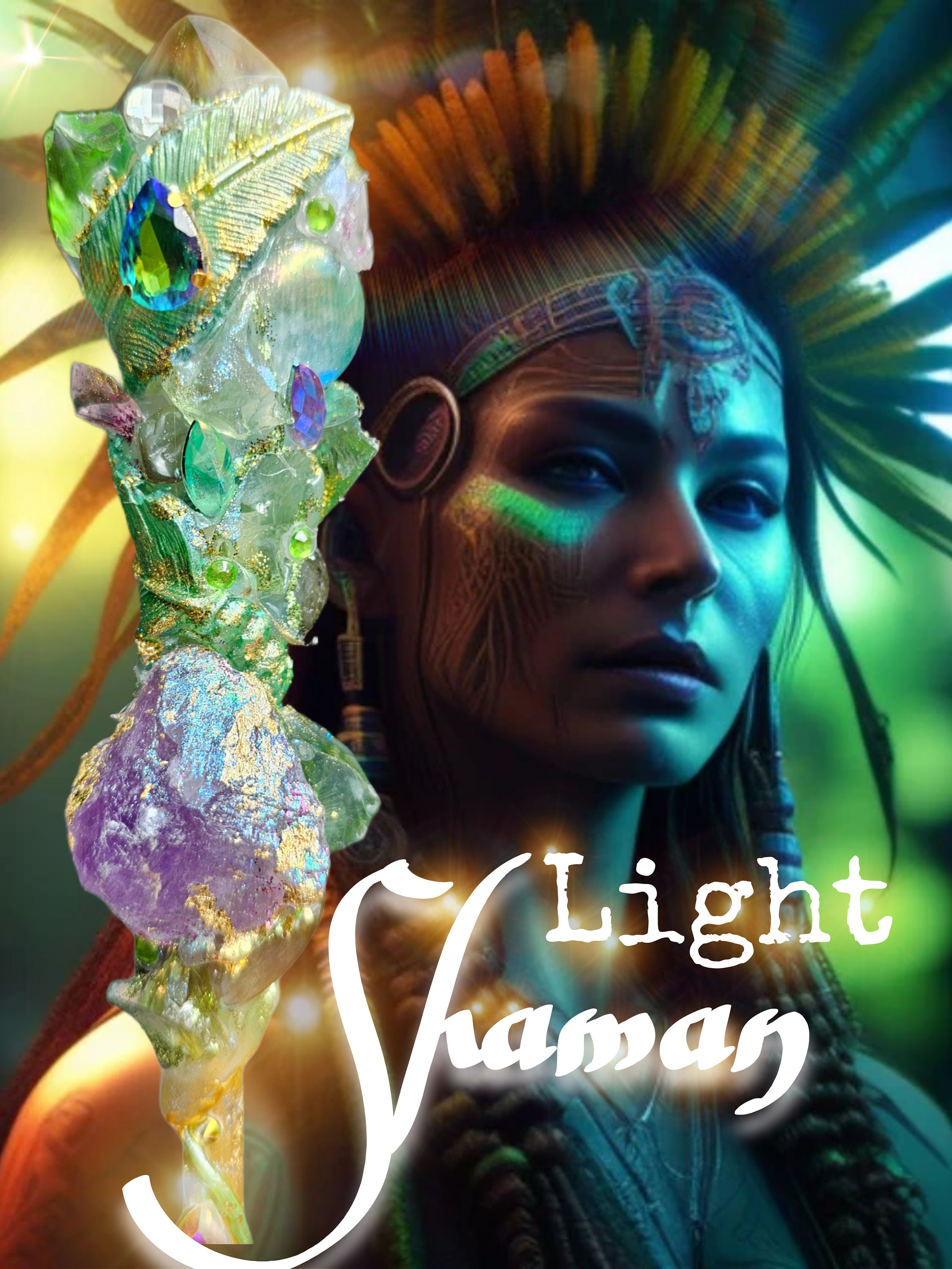 Energetic Wand Lemurian Light Staff LIGHT SHAMAN With Gemstones and ...