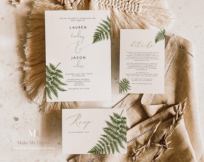 FERN SERIES, Woodland Ferns Invitation, Whimsical Fern Wedding, Hand ...