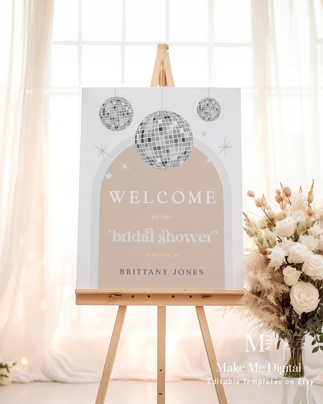 Disco Ball Diva Bridal Shower Welcome Sign, Silver Glitter Festival Hen Do Easel Sign Printable ...