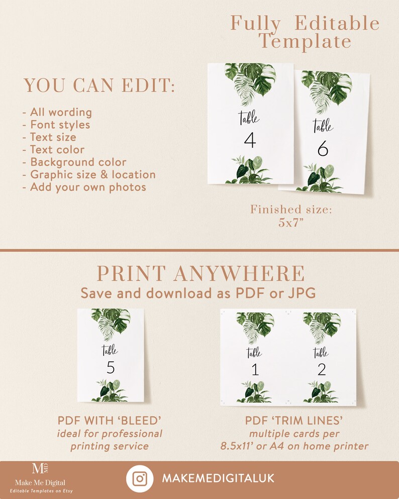 Tropical Table Number Printable, Beach Wedding Table Sign Palm Leaf ...