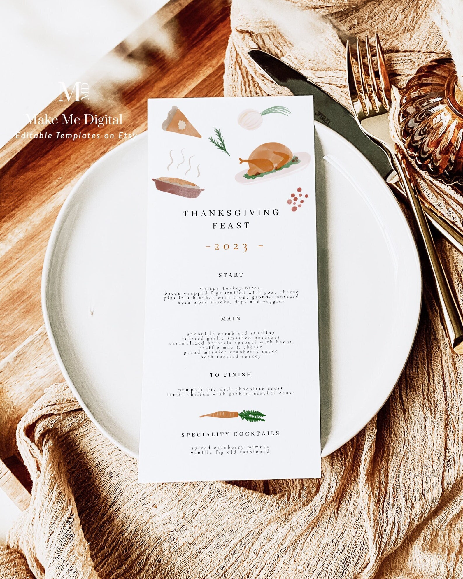 Thanksgiving Menu 2024, Printable Menu Card for Friendsgiving, Minimal ...
