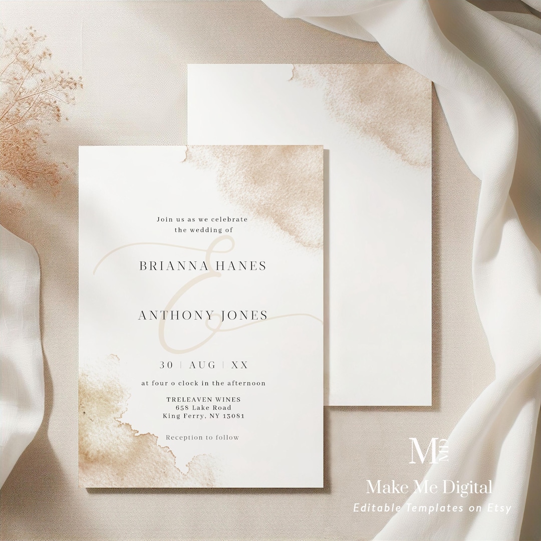 Boho Beige Wedding Invite, Unique Wedding Invitation Printable, Simple ...