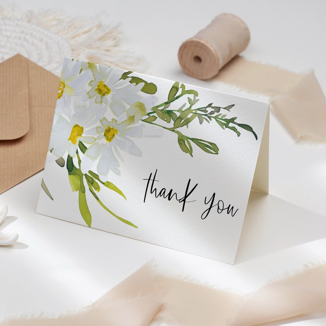 Daisy Thank You Card, Floral Daisy Wedding Thank You Card, White Daisy ...