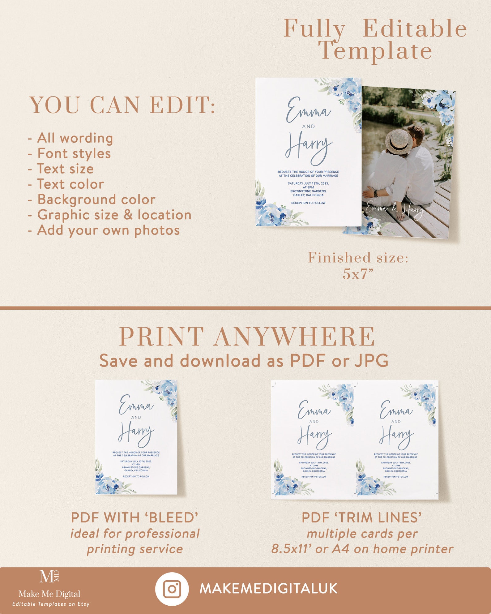 Pastel Blue Wedding Invitation, Rustic Floral Wedding Invite Editable ...