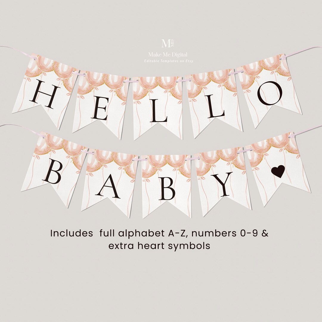 Printable Pink Balloon Banner Hello Baby Letters A to Z, Numbers Plus ...