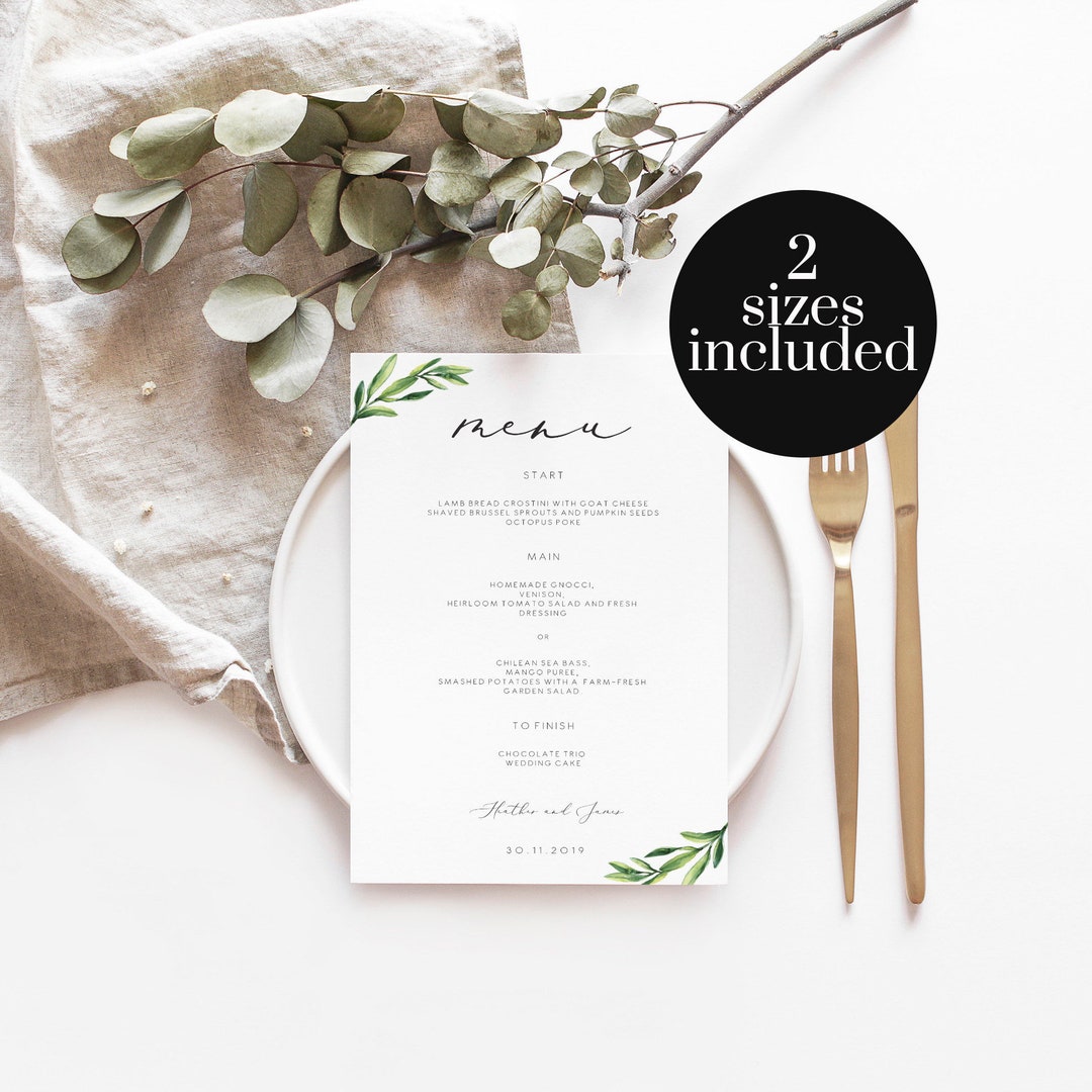 Greenery Wedding Menu, Menu Template, Green Leaf Printable Wedding Menu ...