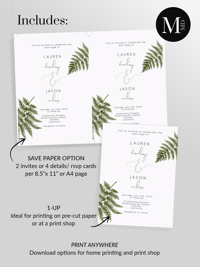 Elegant Fern Wedding Invite, Editable Fern Wedding Invitation, Greenery ...