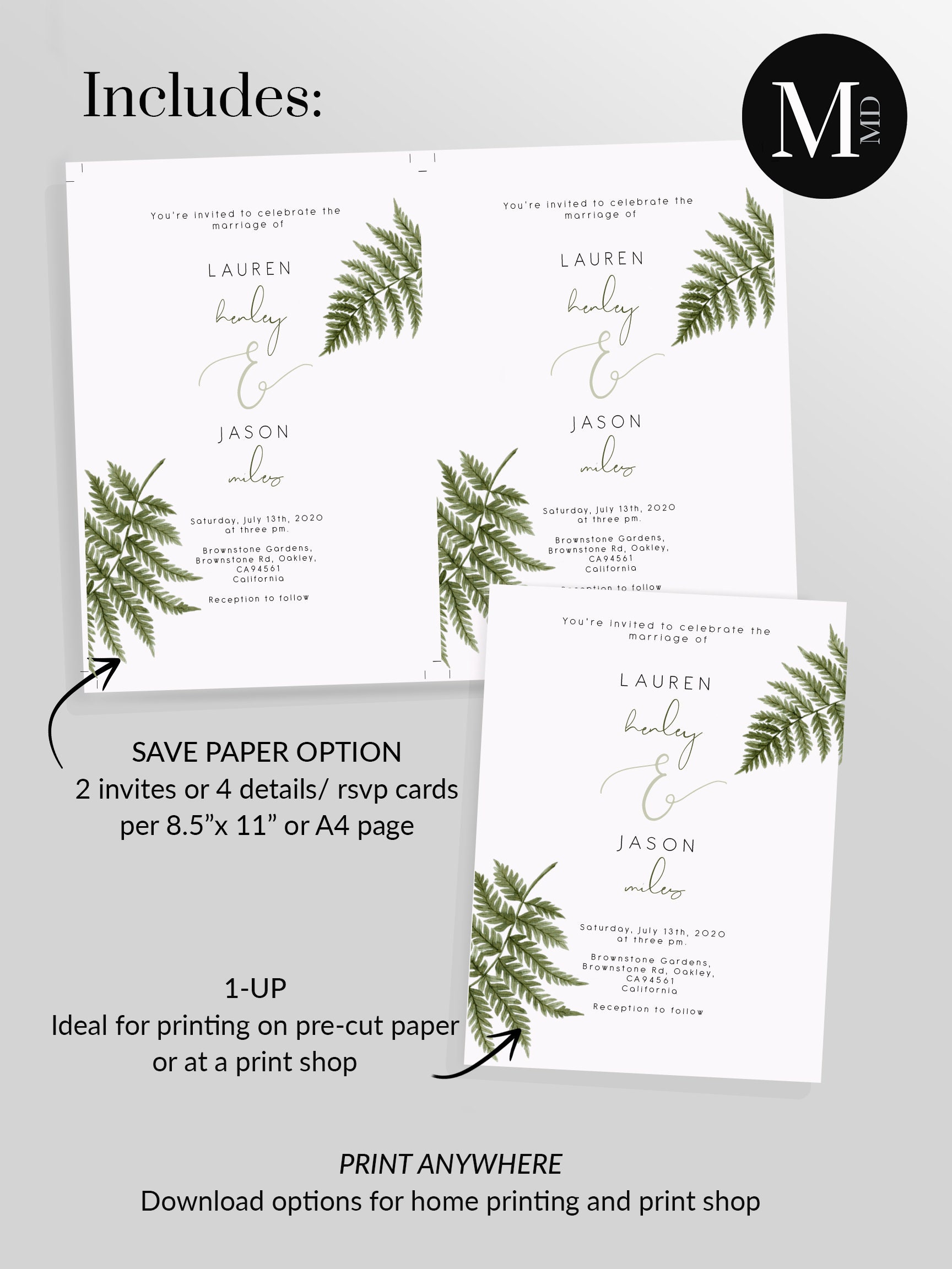 Elegant Fern Wedding Invite, Editable Fern Wedding Invitation, Greenery ...