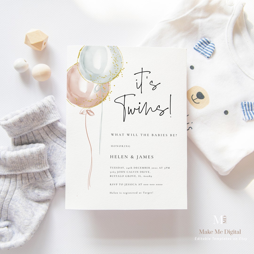 Twins Balloon Gender Reveal Invitation, Pink and Blue Gender Reveal ...