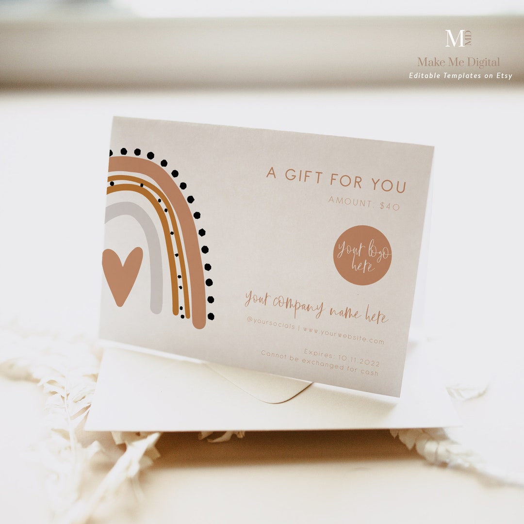 Bohemian Rainbow Gift Card Certificate | Editable Boho Gift Card ...