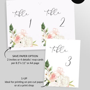 Pink Floral Table Number Template, Printable Blush Wedding Table Number ...