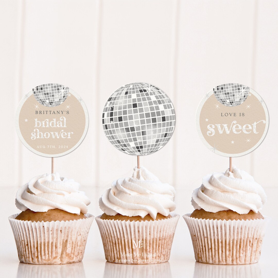 6 Disco Ball Diva Cupcake Topper Bridal Shower, Silver Glitter Festival ...