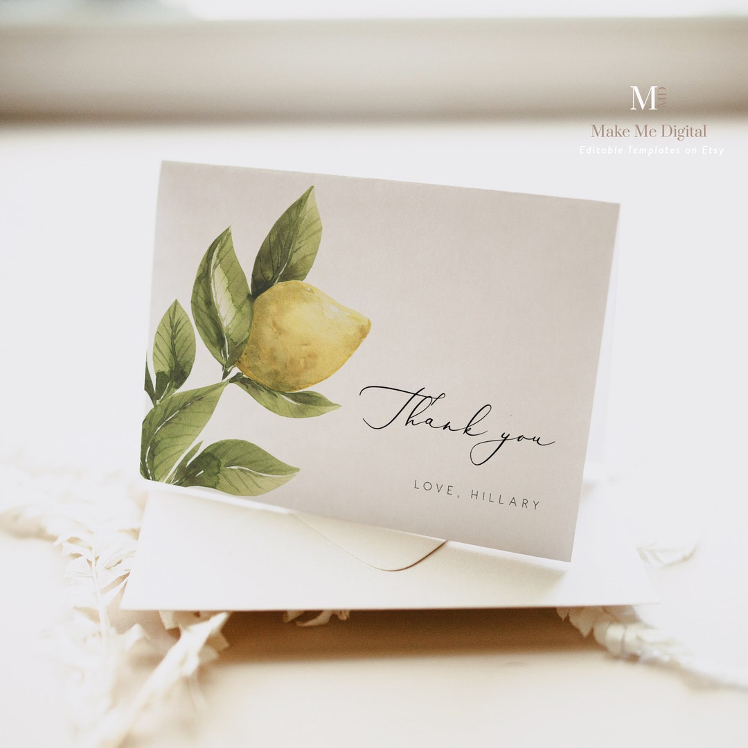 Yellow Lemon Thank You Card, Summer Bridal Shower Thank You Template ...